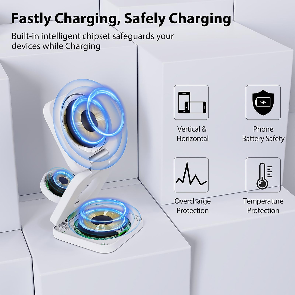 KU XIU Fast Wireless Charger, Magnetic Foldable 3 in 1 Charging Station for iPhone 16/15/14/13/12/Pro/Plus/Pro Max, 5W Portable Charger for Apple Watch9/8/7/6/5/4/3/SE, for Airpods3/2/Pro-White