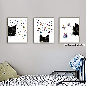 KAIRNE Black Cat With colorful Butterfly Art Print,Set Of 3(8”X10”) Watercolor Animals Canvas kitten Poster Rainbow Cat Painting,Modern Wall Art,Cat Gifts for Women,Girls Bedroom,House decor.