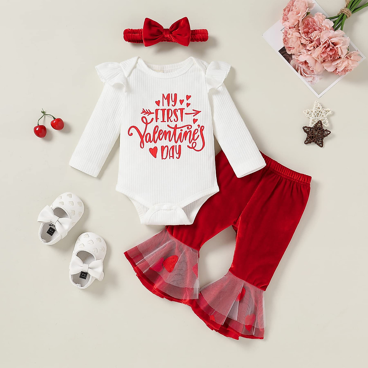 YOUNGER TREE Newborn Baby Girl My First Valentines Day Outfit Long Sleeve Romper and Bell Bottoms with Headband Clothes Set (12-18 Months)