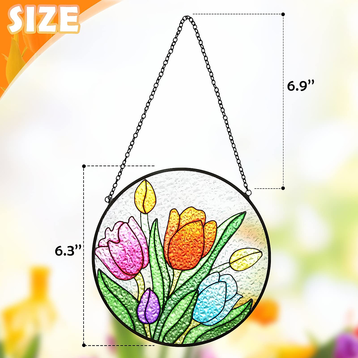 Tuitessine Tulip Suncatcher Stained Glass Window Hanging Panels, 6.3''x6.3'' Round Handmade Hanging Ornament with Chain, Garden Patio Wall Decor Flower Gift for Mom Teachers Friends