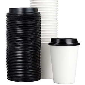 White 12 Oz Paper Coffee Cups With Recyclable Dome Lids, 100 Pk. BPA Free Disposable Drink Cup Set for Serving Hot Tea and Lattes at Kiosks, Shops, Cafes, or Concession Stand