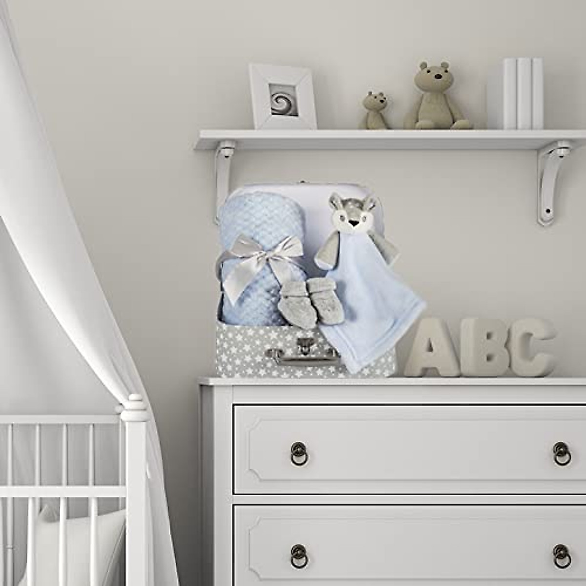 Baby Boy Gift Set New Born Baby Gift Baby Blue Deer Fawn Security Blanket Soft Fleece, Suitcase Keepsake Box Blanket Booties & Baby Gift Basket – Unique Present for Baby Shower & Newborn Lovey Welcome