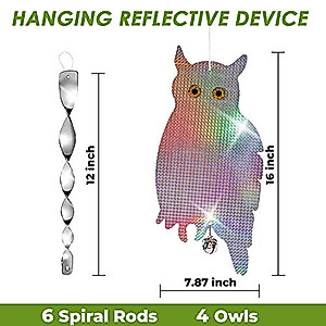 Dyvicl Fake Owl Hanging Reflective Owl for Woodpecker Deterrent 4 Pack, Bonus 6 Reflective Scare Spiral Rods