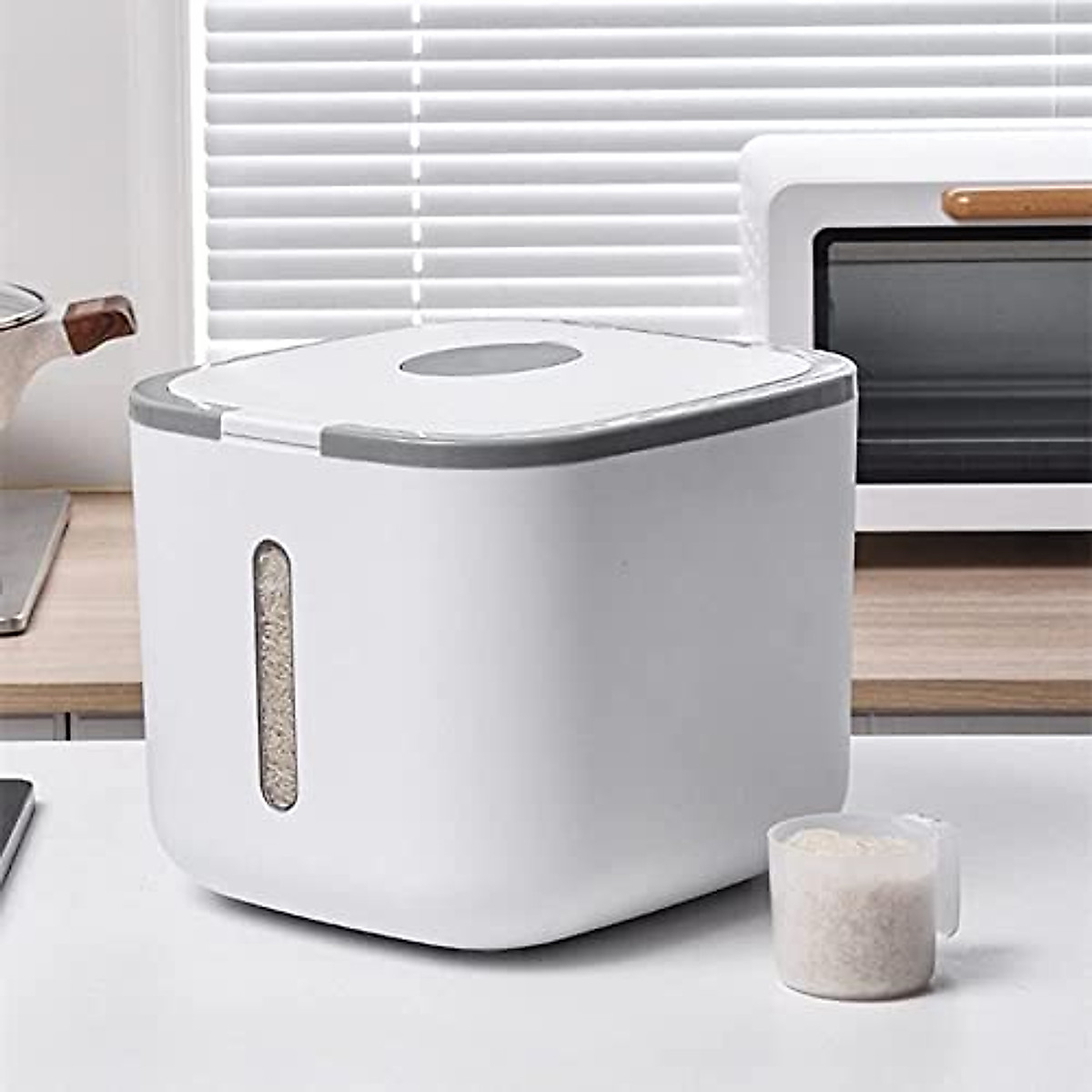 GQU Airtight Rice Dispenser 22 Lbs Food Storage Container Automatic Flip Cover Rice Bucket for Cereal Grain Flour Rice Nuts Beans Pet Food Countertop, Gray