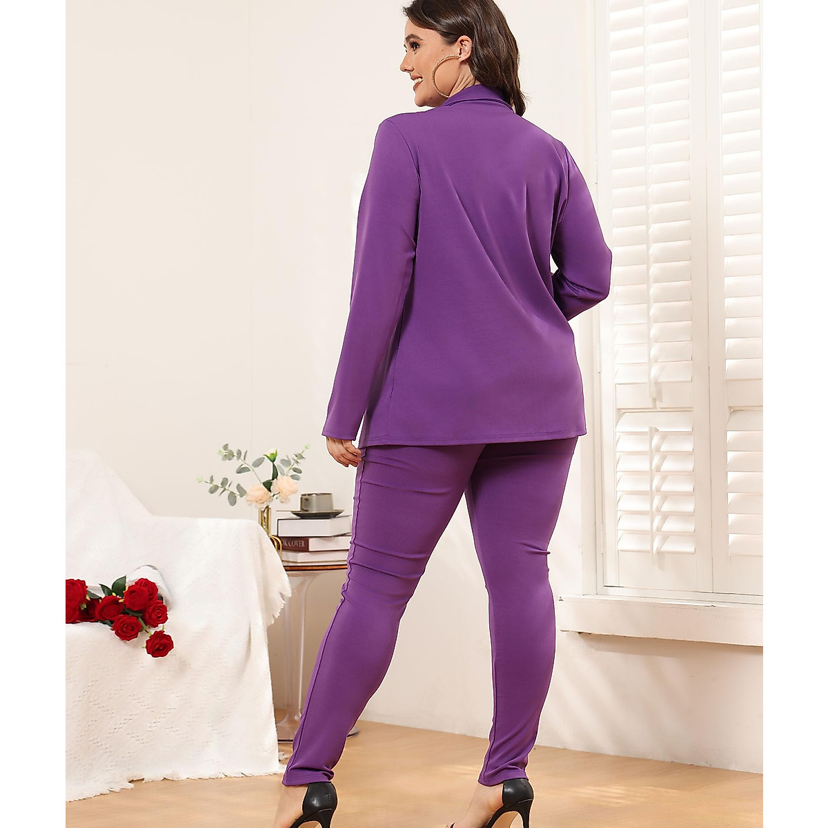 Women Lapel Collar Long Sleeve Top Jacket Pants 2 Piece Suit Set Outfits Elegant Uniform Suits Letter Print 219 Purple Large