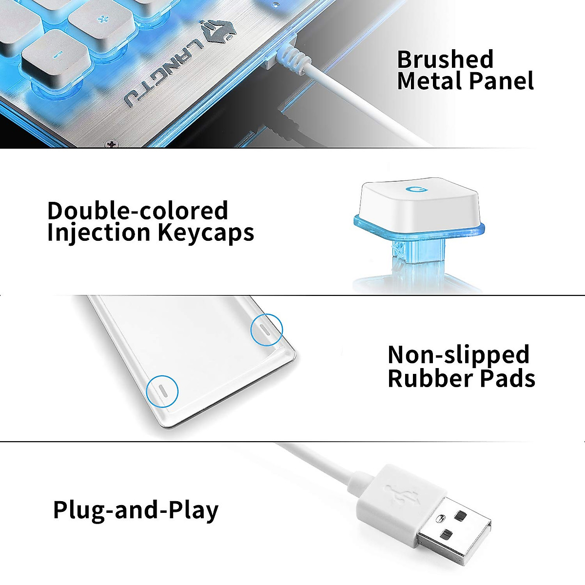 LANGTU LED Computer Keyboard, USB Wired Keyboard for Gaming and Office, All-Metal Panel 104 Keys Quiet Membrane Keyboard with Blue Backlit - L2 White/Silver