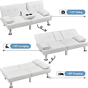 Convertible Folding Futon Sofa Bed with Metal Legs & 2 Cupholders, Modern Fabric Linen Upholstered Couch Loveseat Sleeper, Folding Couches Bed, Removable Armrests for for Small Spaces (White)