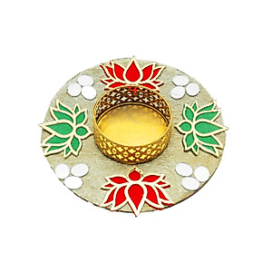 Set of 2 MDF Wooden Lotus Base T Light Holder Candle Stand Tealight Holders for Indian Traditional Festival Decoration Lighting Accessory Wedding Home Decor(Without Wax)(Red,Green)(Size:-4")