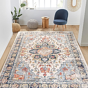 BESTSWEETIE Area Rug 8x10 Rugs for Living Room 8 x 10 Washable Rugs Non Slip Vintage Boho Living Room Rugs for Bedroom Dining Room, Distressed Floral Pattern Carpet, Beige