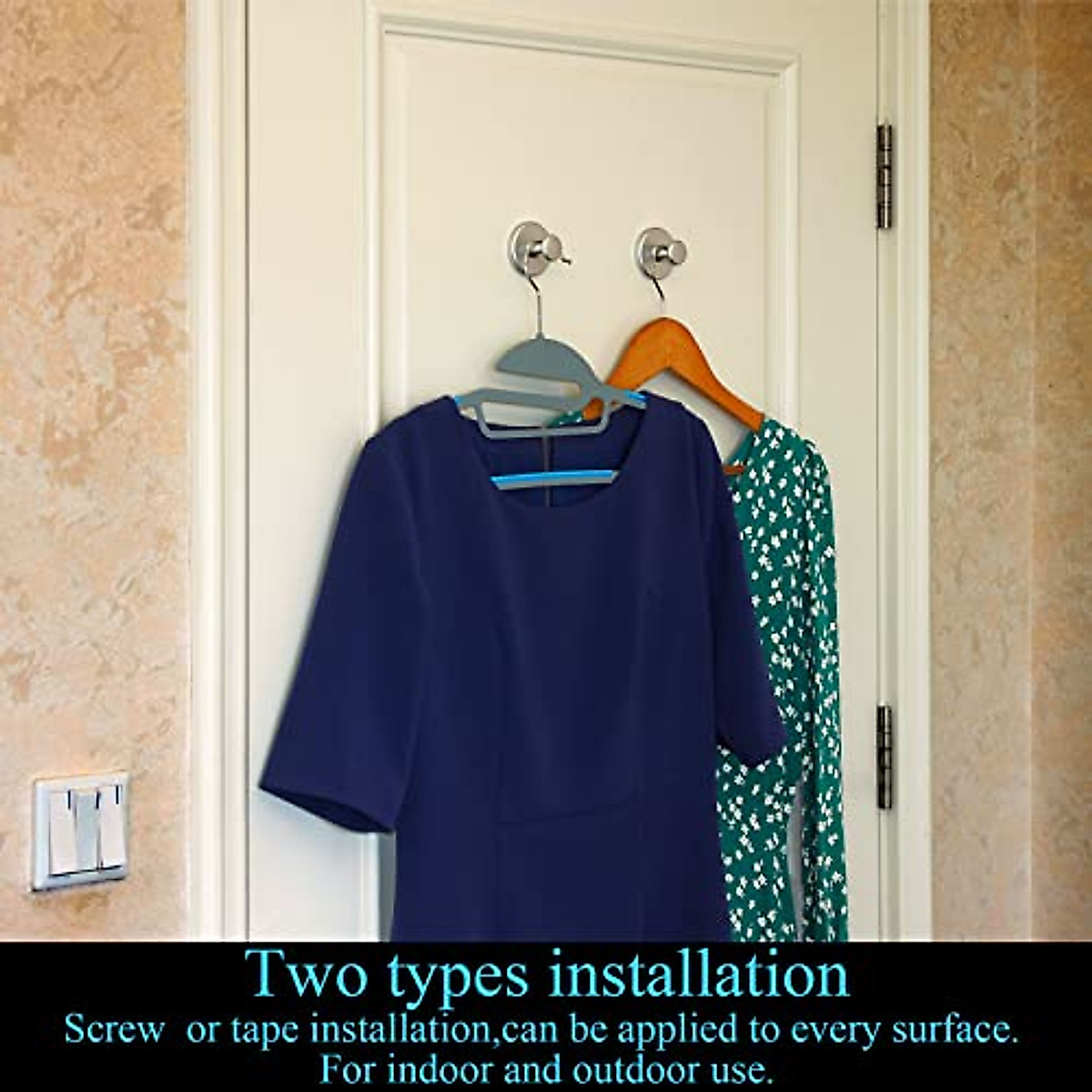 HIKIYEAT Solid Aluminum Towel Hook,Wall Hooks,Adhesive and Screw Installation,2 Pack,Heavy Duty,Hanging Robe,Loofah Holder,Minimalist Design,Door Hanger,for Glass Shower Bathroom,Coat(Matte Silver)