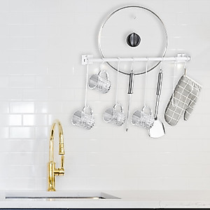 SIMVE Coffee Mug Holder Wall Mounted Modern Hanging Tea Cup Organizer Rack Cafe Bar Hanger Storage Rustic Metal Rail with 8 Utensil Hooks Dining Corner Nook White