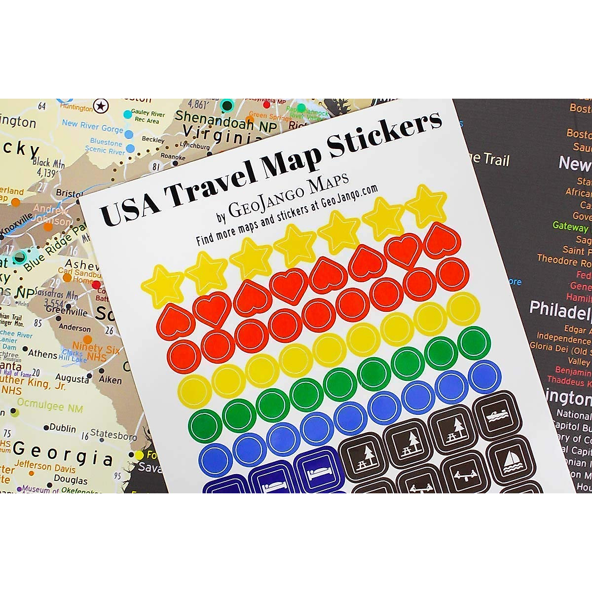 USA Travel Map Vinyl Sticker Set, 1 Sheet of 84 Stickers