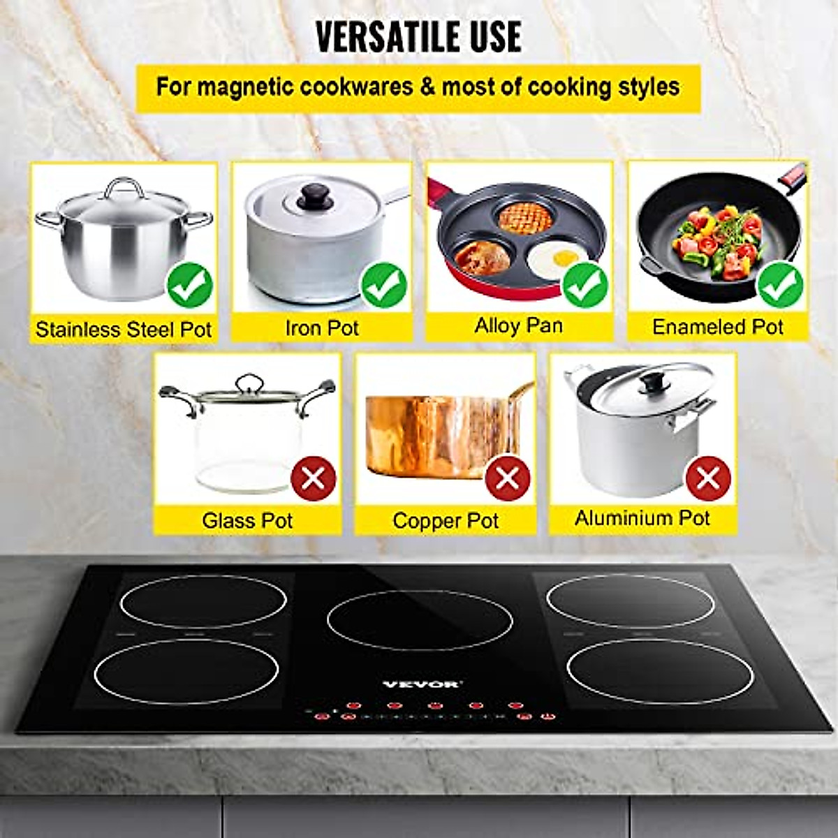 VEVOR Built-in Induction Electric Stove Top 30 Inch,5 Burners Electric Cooktop,9 Power Levels & Sensor Touch Control,Easy to Clean Ceramic Glass Surface,Child Safety Lock,240V