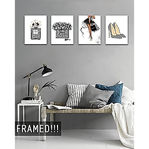 Glam Gray Fashion Wall Decor - Woman Makeup Framed Wall Art - Silver Girly Room Decor - Beauty Room Decor Pictures Arts for Office Bedroom Bathroom Wall Decor - Perfume Handbags High Heels Lipstick Wall Paintings Set of 4, 8x10 in (Framed)