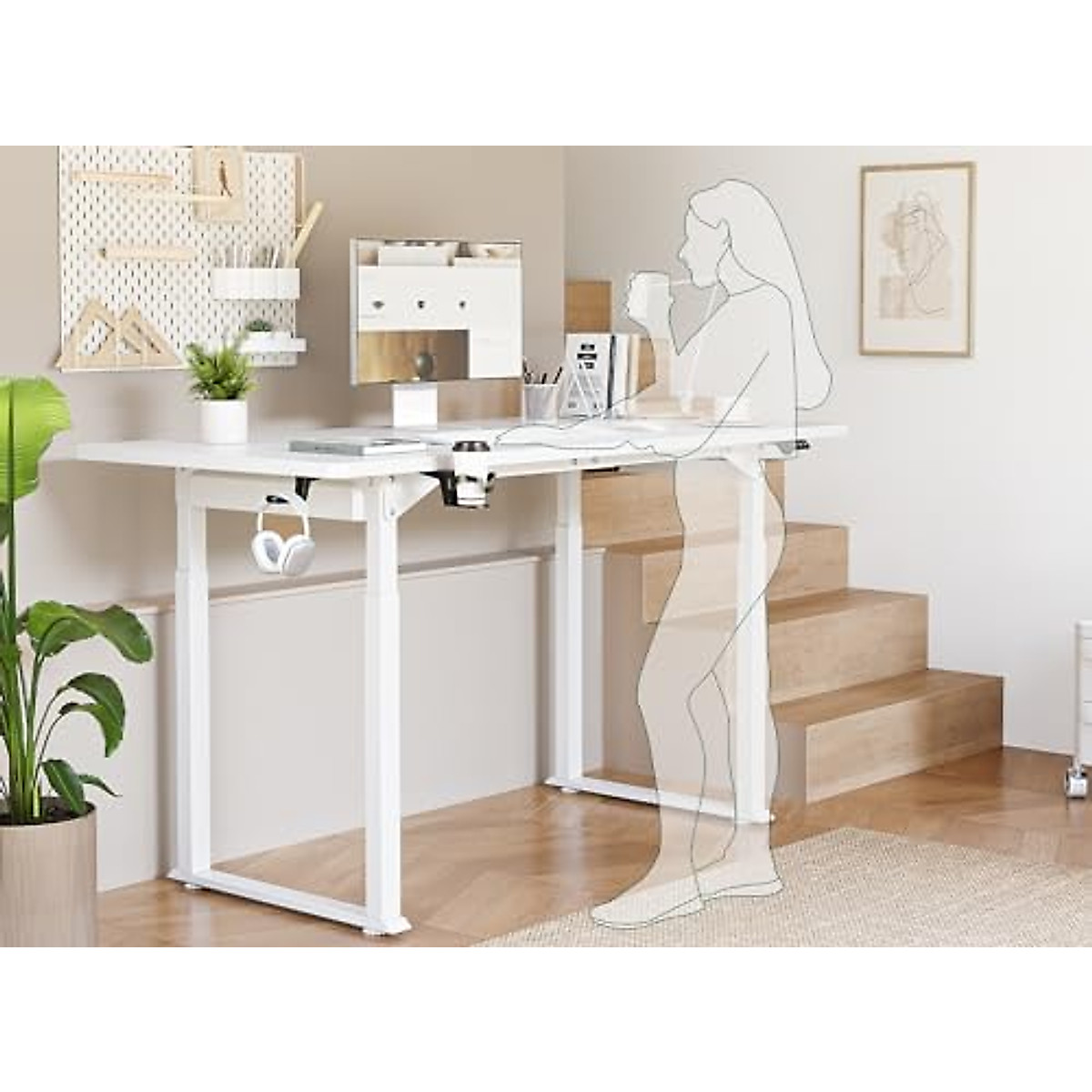 FEZIBO Standing Desk 4 Legs with Dual Motors, 63x29 Electric Standing Desk Adjustable Height with Strong stability, Stand up Desk with Whole-Piece Tabletop, White（2 Packeges）