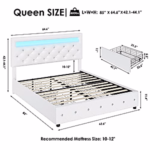 Keyluv Queen Upholstered LED Bed Frame with 4 Storage Drawers and Adjustable Crystal Button Tufted Headboard, Platform Bed with Solid Wooden Slats Support, No Box Spring Needed, White