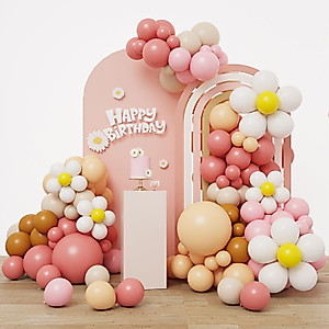 RUBFAC Pink Balloon Arch Kit, 147pcs Boho Blush Daisy Balloons Retro Dusty Pink Nude Sand White Brown Balloon for Valentine's Day Baby Shower Birthday Wedding Retro Hippie Groovy Party Decorations