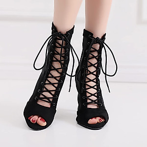 HIPPOSEUS Women's Net Yarn Dance Heels Peep Toe Ballroom Party High Heel Dance Salsa Dance Shoes Performance Ankle Dance Boots Black 4inch heel,7 US