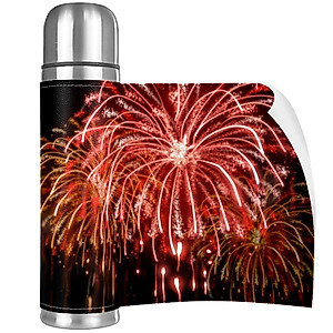Stainless Steel Leather Vacuum Insulated Mug Fireworks Thermos Water Bottle for Hot and Cold Drinks Kids Adults 16 Oz