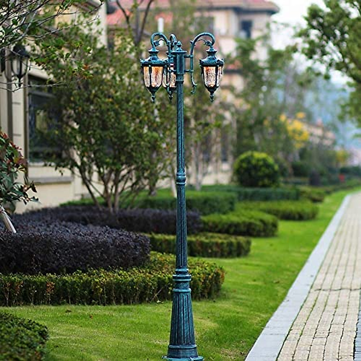 MODEBHD 205cm 3-Head Outdoor Waterproof Table Lamp Post Light Column Lamp European Fence Door Villa Glass Aluminum Lantern E27 Decoration Street Light Landscape High Pole Floor Lamps
