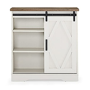 WAMPAT Rusitc Farmhouse Accent Buffet Sideboard Serving Console Cabinet Coffee Bar Entryway Table with Sliding Barn Door, Storage Shelves for Home Kitchen Bathroom, 35 inch, White