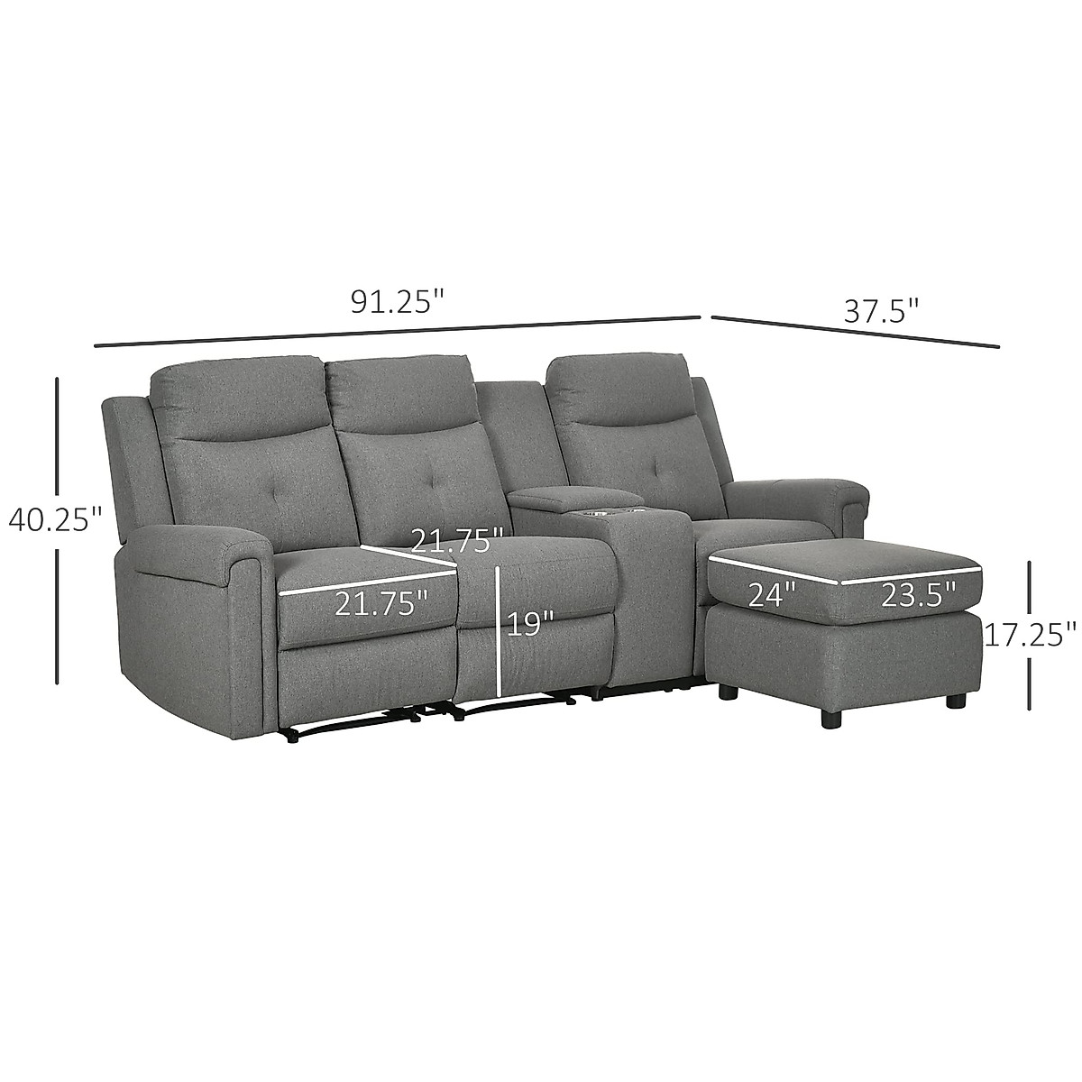 HOMCOM L-Shaped Sofa, Manual Reclining Sectional with Chaise Ottoman, Storage Console, Cup Holders, USB Charging, Gray
