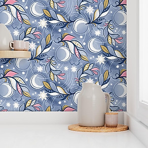 Peel & Stick Wallpaper Swatch - Whimsical Night Pastel Blue Pink Moon Star Sky Custom Removable Wallpaper by Spoonflower