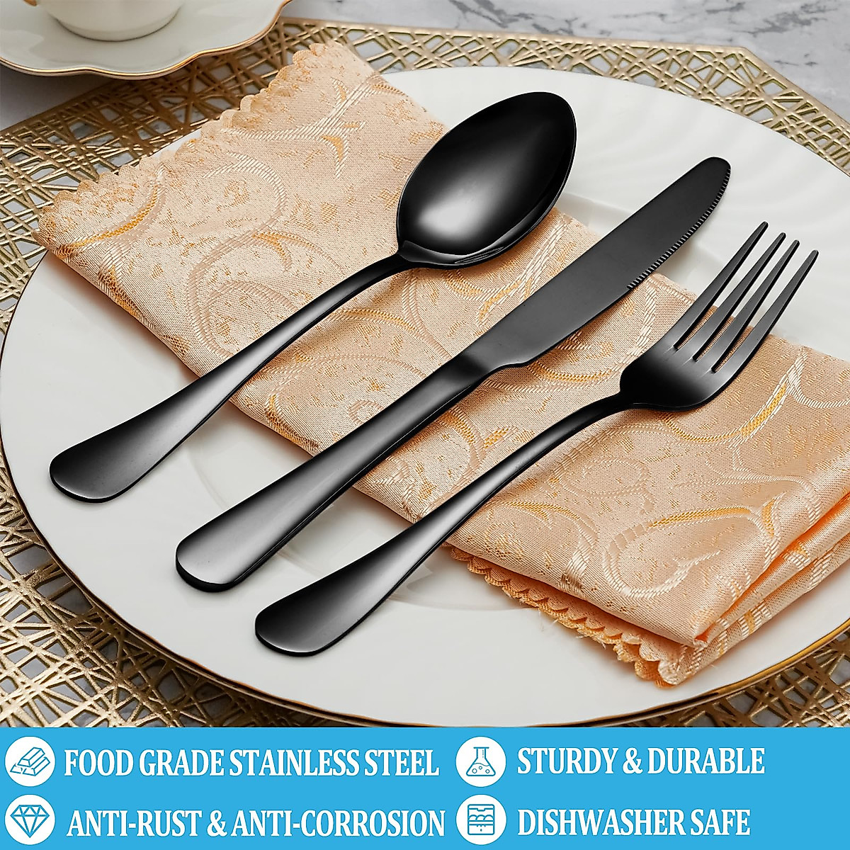 30 Pcs Black Silverware Set, Stainless Steel Flatware Set Service for 6, Mirror Polished Cutlery Utensil Set, Durable Home Kitchen Eating Tableware Set, Include Fork Knife Spoon Set, Dishwasher Safe