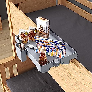 SOLEJAZZ Bedside Shelf for Bed, Folding Bunk Bed Shelf for Top Bunk Clip On Nightstand College Dorm Room Essential Table Caddy Bedside Night Stand Shelf with Hooks, Cup & Cord Holder, Plus Size, Grey
