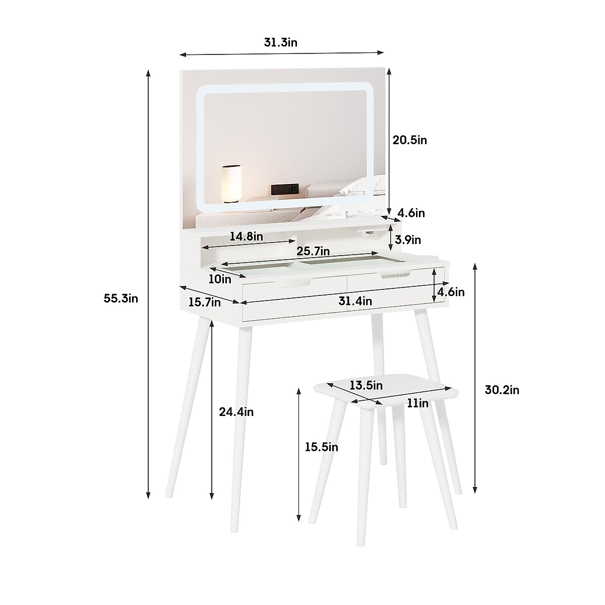 Vabches White Vanity Desk with Led Mirror&Charging Station,Glass Tabletop Vanity Table Set with Stool,Small Makeup Vanity with Drawers for Bedroom