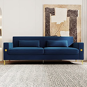 LostCat 85'' Velvet Sofa Couch Mid Century Modern Upholstered 3-Seater Loveseat with 2 Pillows and Armrest for Living Room, Apartment and Small Space, Retro Blue