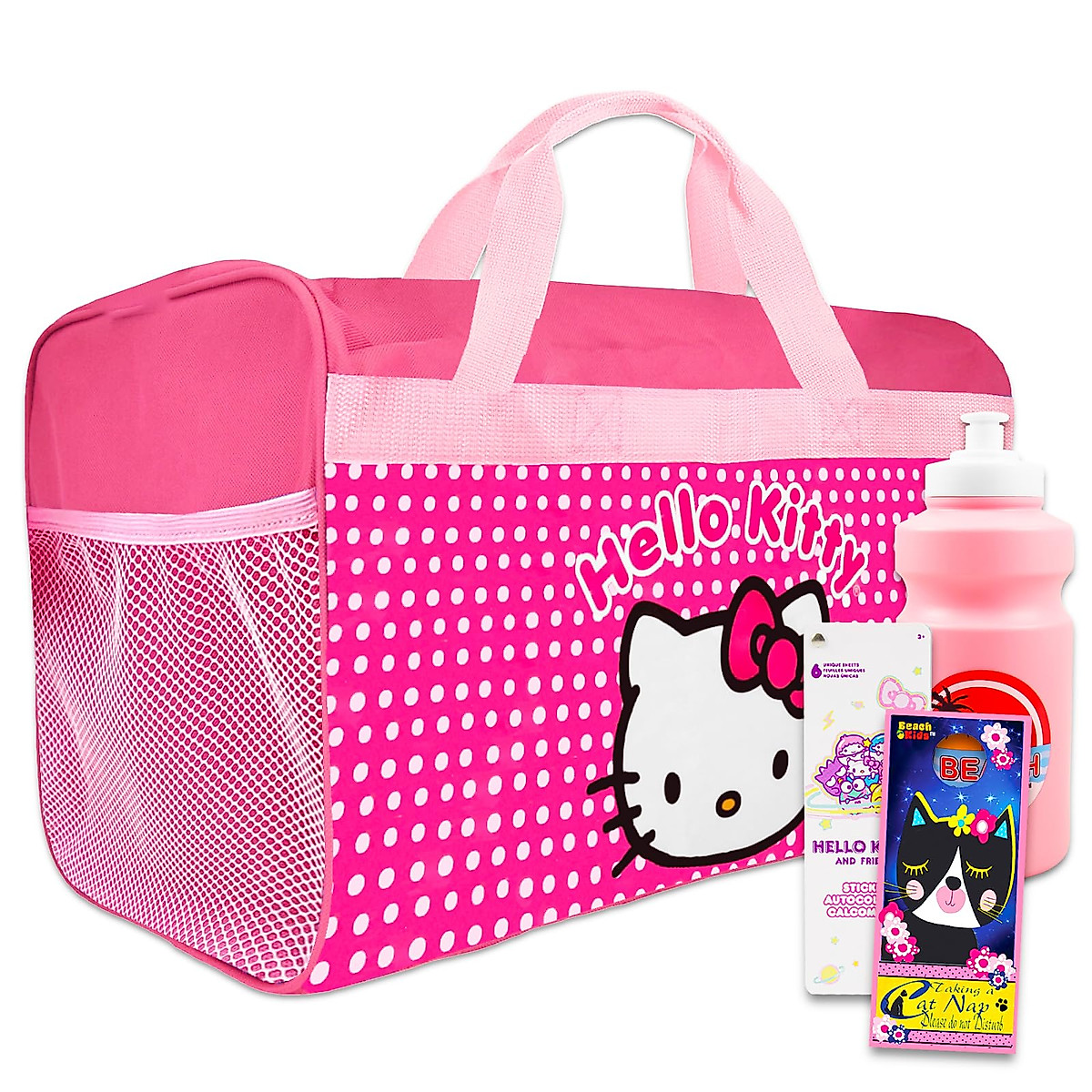 Hello Kitty Duffle Bag Set for Kids - 4 Pc Bundle with Hello Kitty Luggage Carry On Suitcase Bag, Water Bottle, Stickers, and More | Hello Kitty Travel Bag Set
