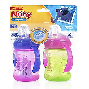 Nuby Plastic 2-Pack Two-Handle No-Spill Super Spout Grip N' Sip Cups, 8 Ounce, Pink and Purple