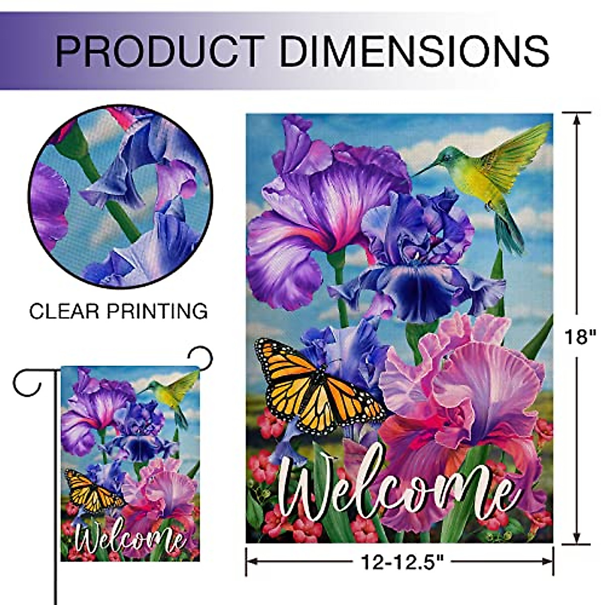 Hzppyz Welcome Spring Hummingbird Iris Garden Flag Double Sided, Purple Flower Bird Yellow Butterfly Decorative House Yard Outdoor Small Decor, Summer Floral Arrangement Home Outside Decoration 12x18