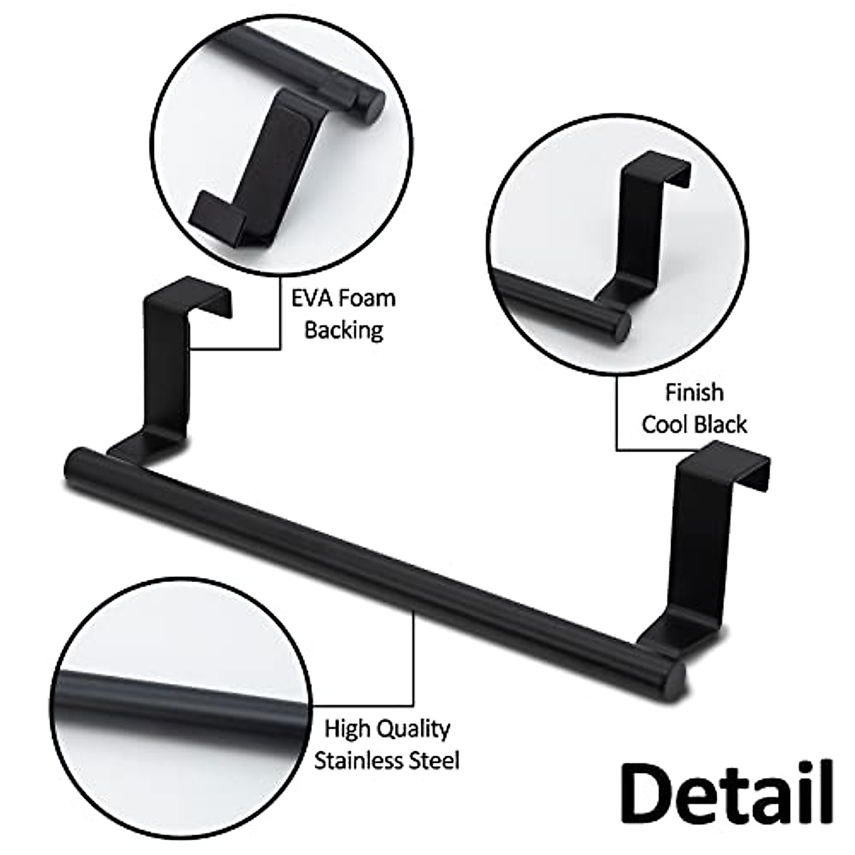 2 Packs Over The Door Towel Rack, TACYKIBD Stainless Steel Towel Holder and Washcloth Rack, 9in Over The Cabinet Hand Dish Towel Bar for Bathroom Kitchen Living Room Bar Holder Cupboard Black