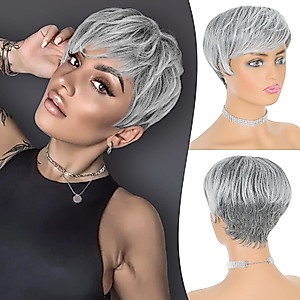 FESHFEN Pixie Cut Wigs Synthetic Short Ombre Gray Pixie Haircut Wig with Bangs Glueless Layered Wig Wavy Grey to Black Wigs for Women