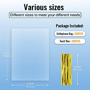 MORIDA 200pcs 5X7 inch Cellophane Bags Cellophane Treat Bags Clear Gift Bags Cake Pop Bags Candy Bags Cello Bags for Party Favors Goodie Favor Bakery Cookie with 5" Twist Ties