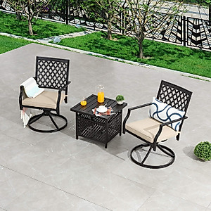 LOKATSE HOME 3 Pieces Patio Swivel Set Outdoor Metal Steel Furniture with 2 Dinning Chairs and Umbrella Side Square Table, Beige