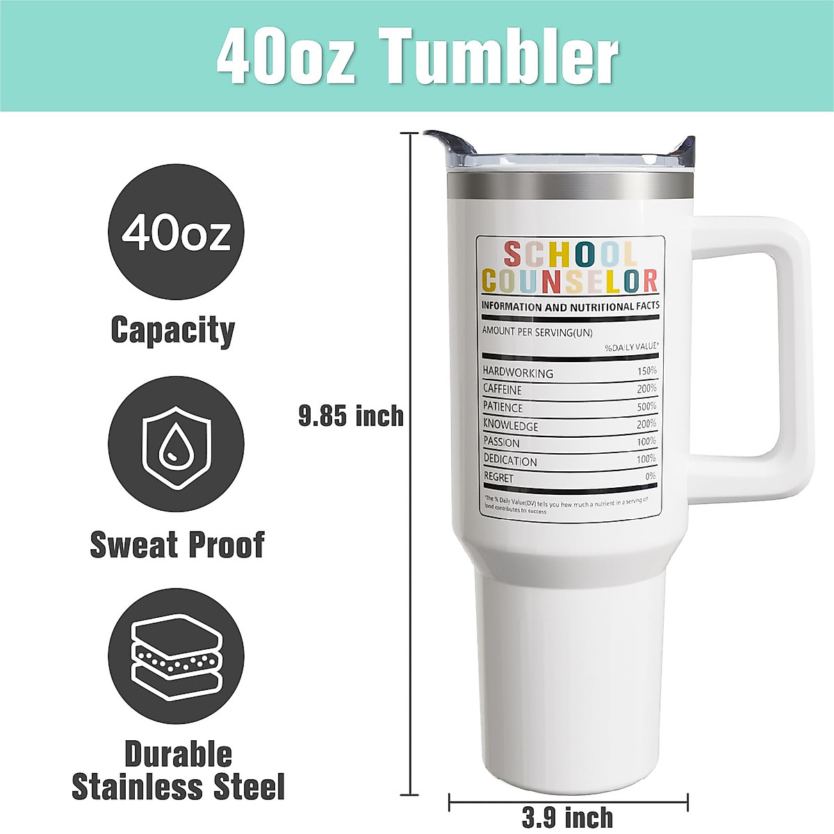owbgsdh School Counselor Gifts Teacher Gift School Counselor Appreciation Gifts 40oz Stainless Steel Tumbler Cup Mug Water Bottle with Handle for Women Men