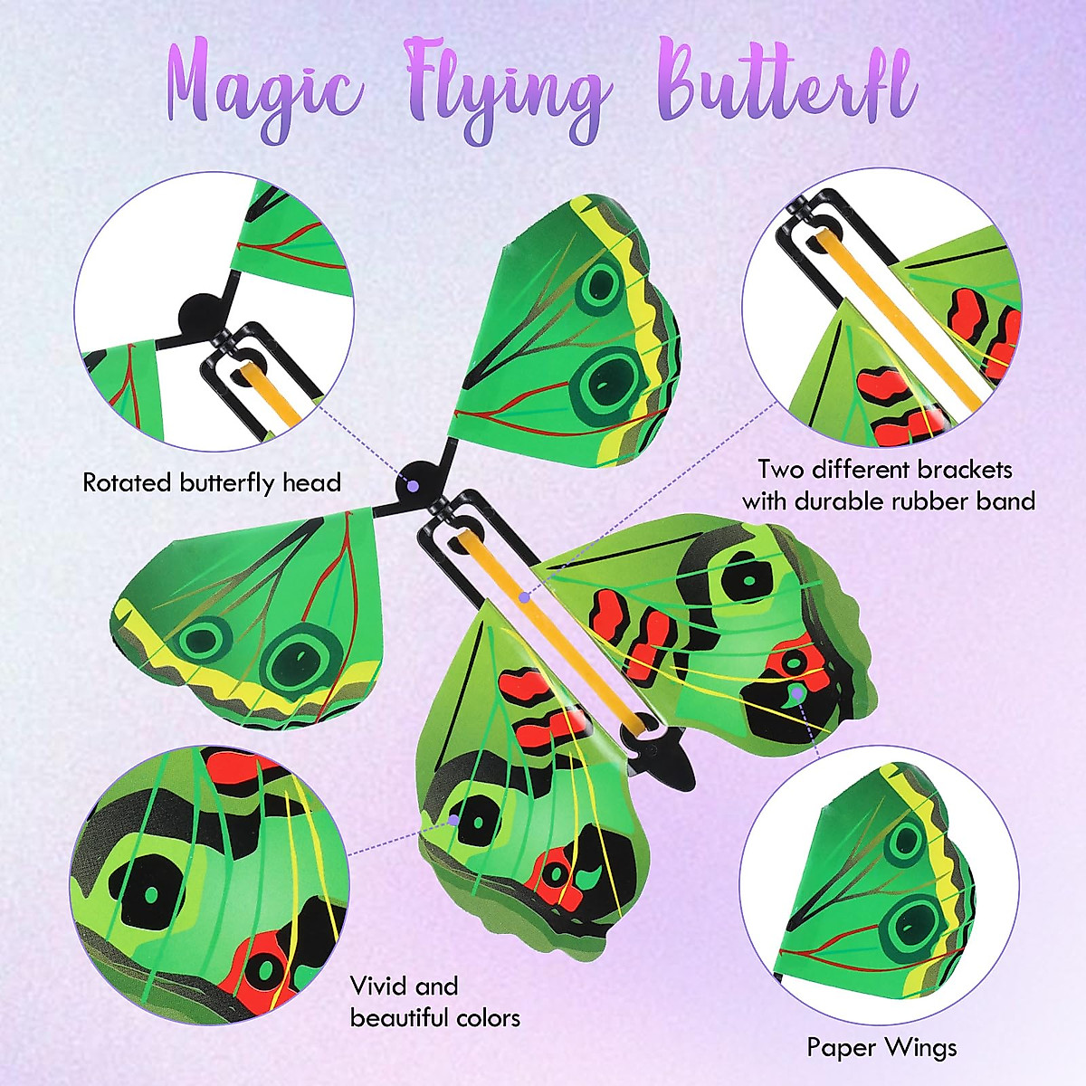 Lenwen 100 Pcs Magic Flying Butterfly Wind up Paper Butterflies That Fly Rubber Band Powered for Bookmark Card Surprise Gift Wedding Birthday Party 10 Styles, 4.41 x 4.92 Inch