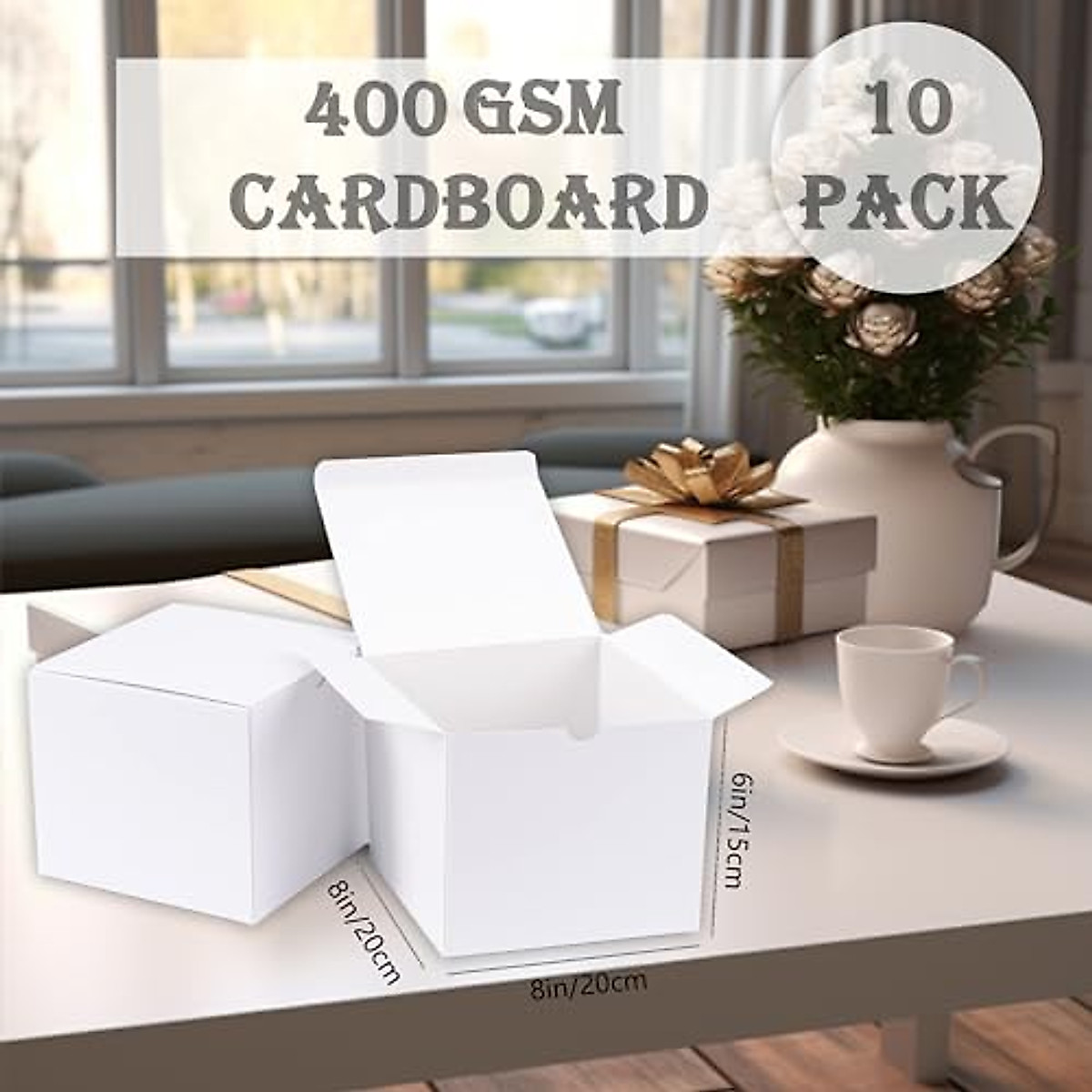 OfficeCastle 10 Pcs White Paper Gift Box with Lids, 8”x8”x6” White Foldable Paper Boxes for Party Presents, Birthday, Bridal Showers, Business