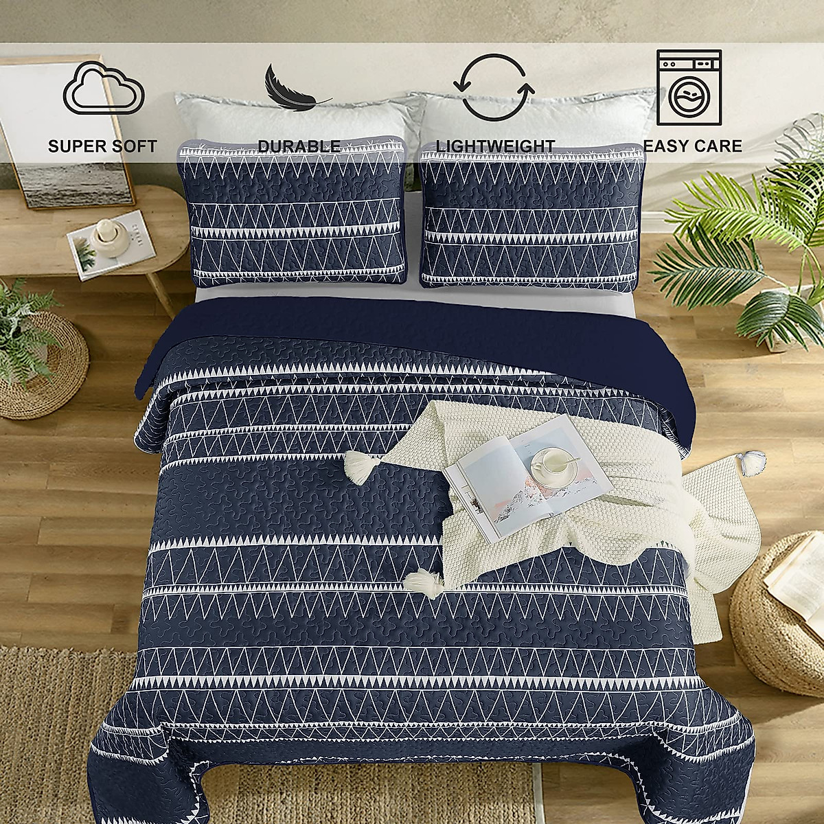 WONGS BEDDING Navy Blue Quilt King Size, Boho Striped Triangle Bedding Bedspread Coverlet Set, Microfiber Lightweight Bohemian Quilt Set for All Season 3 Pieces 90x104 in