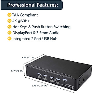 StarTech.com 4 Port DisplayPort KVM Switch - 4K 60Hz - Single Display - Dual Port UHD DP 1.2 USB KVM Switch with Integrated USB 2.0 Hub & Audio - Dell, HP, Apple, Lenovo - TAA Compliant (SV431DPUA2)