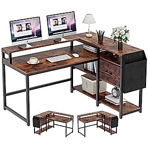 Loomie Reversible L Shaped Desk with Drawer, 55" W x 41" D Industrial Corner Computer Desk with 4 Tier Shelves & Monitor Stand and Bag, Study Table for Home Office, Rustic