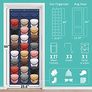 Hat Rack for Baseball Caps 27 Pockets - Hat Organizer Hanging Over The Door Baseball Hat Storage for Closet Wall - Visible Hat Holder With 3 Hooks Hat Holder Hanger for Baseball Cap & Sport Caps