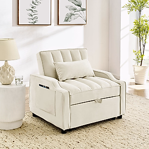 FUQIAOTEC Sleeper Sofa Chair Bed, Modern Velvet Pull Out Sofa Futon Chair Bed, Convertible Sofa Chair 3-in-1 with Adjustable Backrest and Pillow for Living Room, Small Space, White