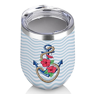 silichee 12 Oz Stainless Steel Stanley Cup with Lid Hibiscus Flowers Pattern Anchor Insulated Tumblers Vacuum Coffee Mugs for Hot and Cold Coffee,Wine,Drinks