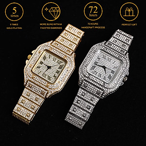 Halukakah Men's Watch - The King - Platinum Plated, 40MM Square Dial, Iced Out Wristband, Comes in Giftbox,Gift for Men Son Husband