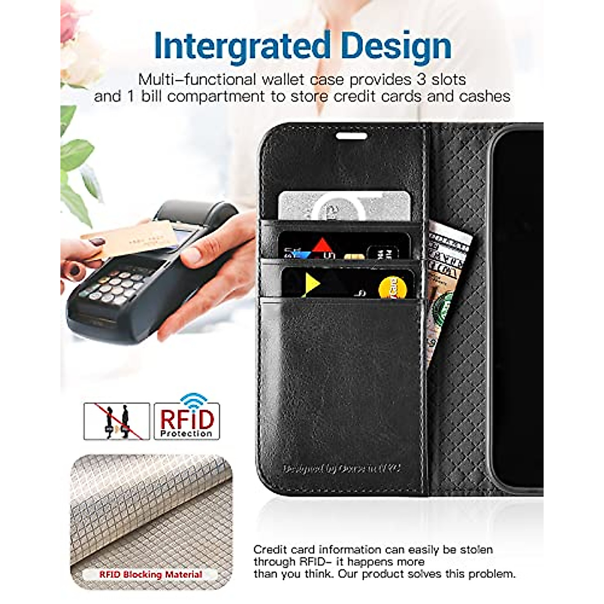 OCASE Compatible with iPhone 13 Wallet Case, PU Leather Flip Folio Case with Card Holders RFID Blocking Kickstand [Shockproof TPU Inner Shell] Phone Cover 6.1 Inch 2021 (Black)