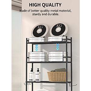 GloTika 3-Tier Over The Toilet Storage, Space Saver Metal Bathroom Shelves, Freestanding Above Over Toilet Storage Shelf with 4 Hooks for Bathroom, Black
